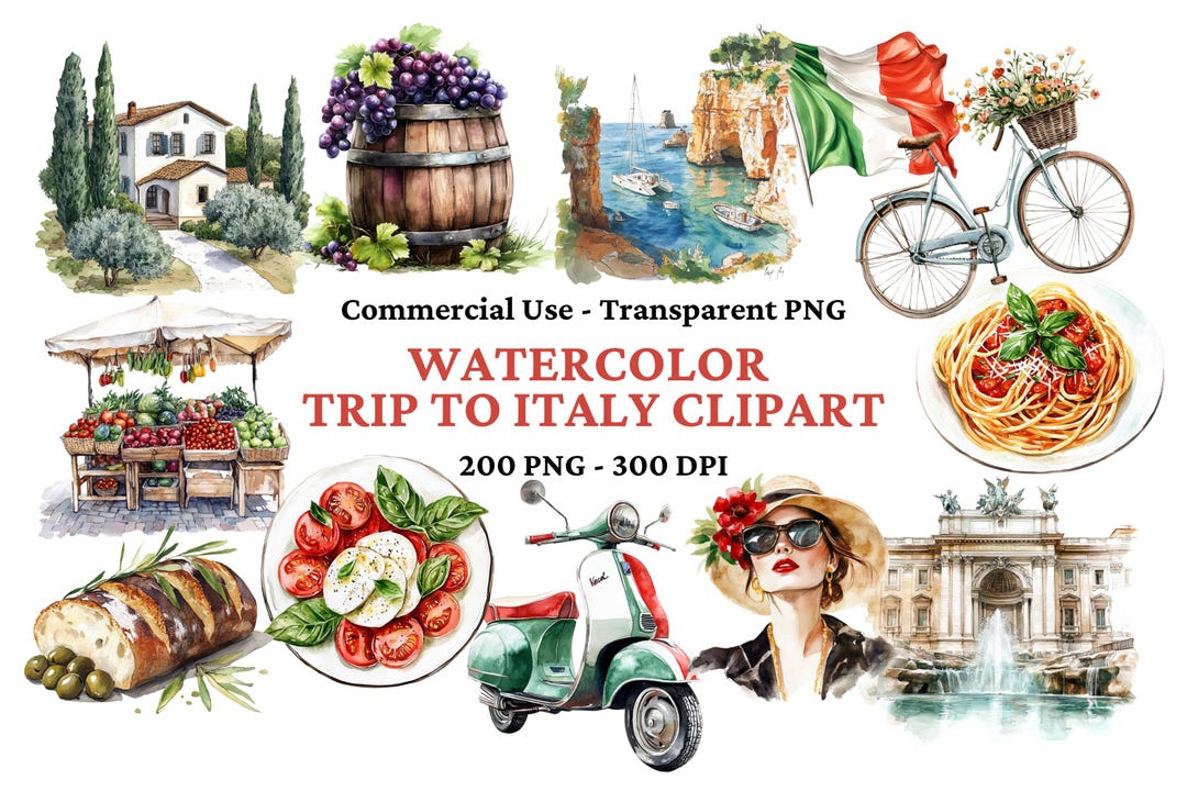 200 Italy Clipart - Rome Clipart - Trevi Fountain Clipart - Watercolor ...