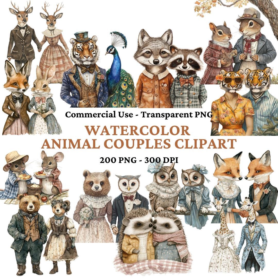 200 Animal Couples Clipart - Watercolor Valentines Day - Couple Clipart ...