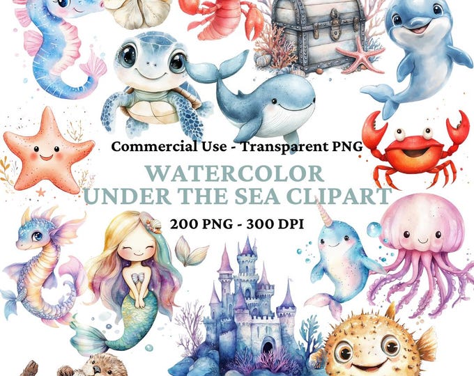 Under the Sea Clipart Set. Cute Sea Animals, Whale, Dolphin, Shark ...