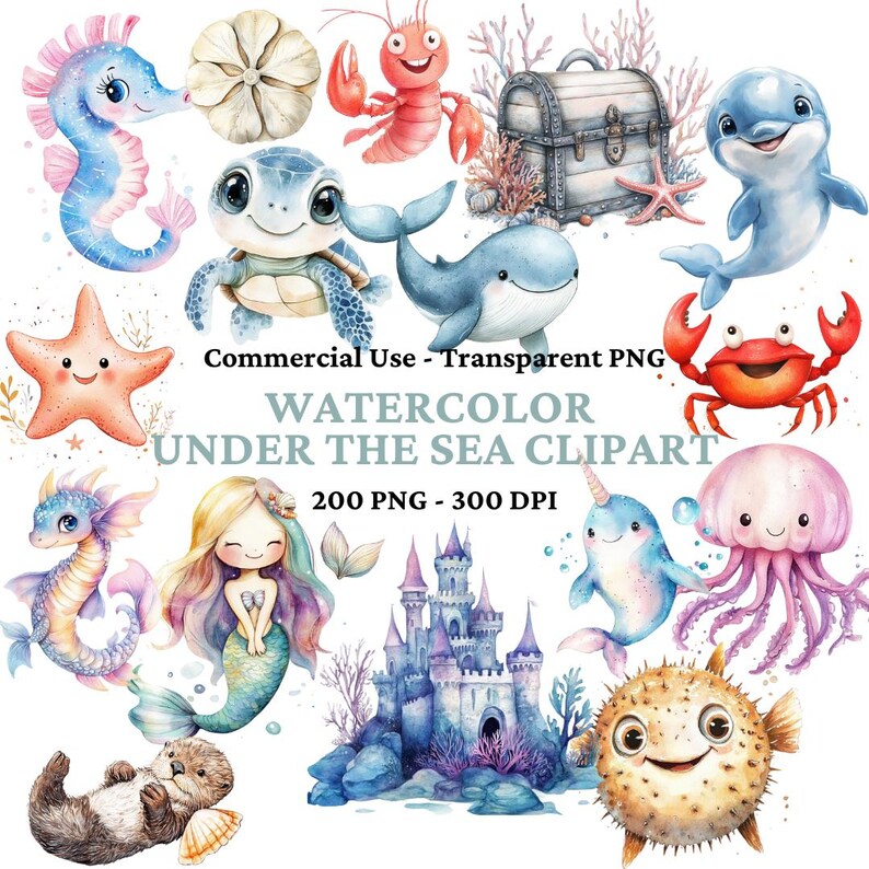 200 Watercolor Under the Sea Clipart - Baby Sea Creatures - Ocean ...