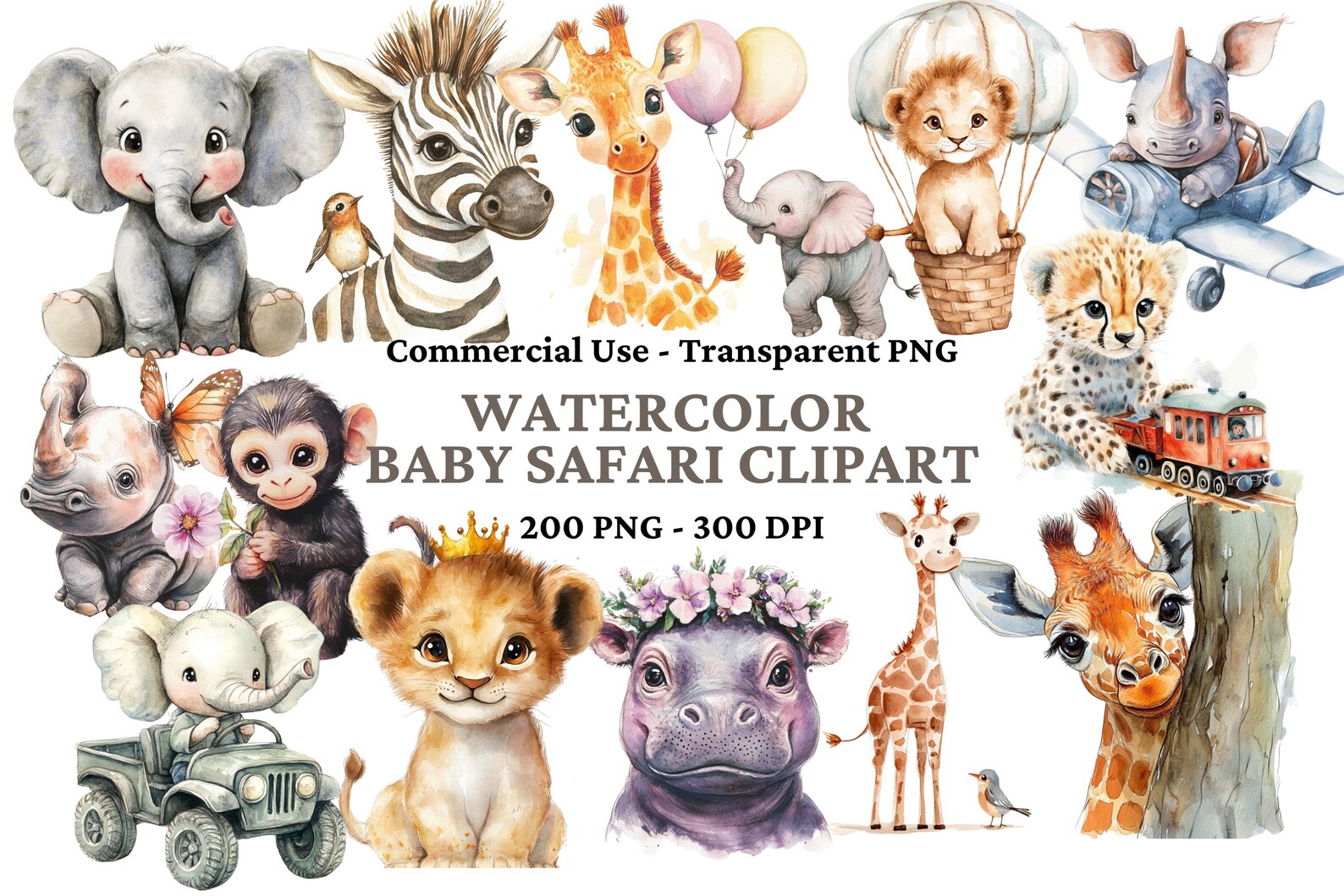 200 Baby Safari Animals Clipart - Watercolor Clipart - Nursery Clipart ...