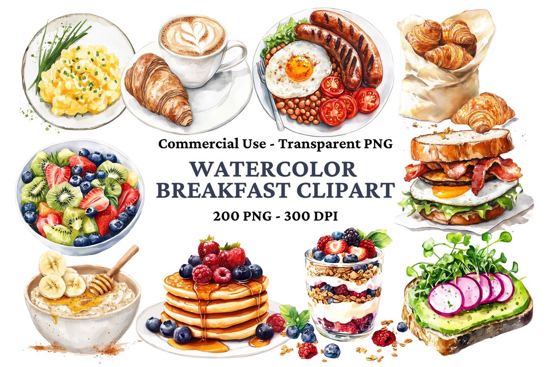 200 Watercolor Breakfast Clipart - Elements for Cafe Clipart - Menu ...