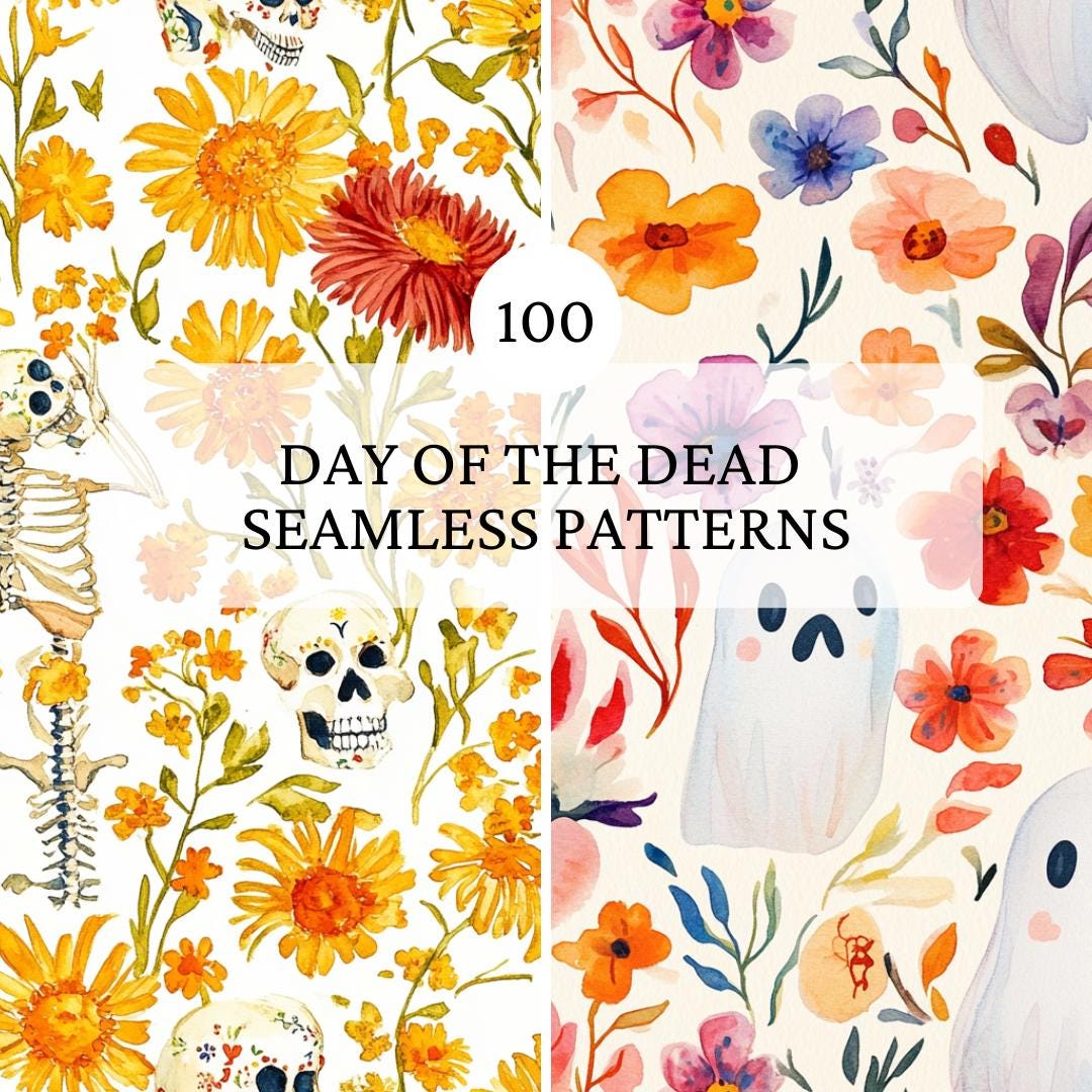 100 Watercolor Day of the Dead Seamless Patterns - Mexican Halloween ...