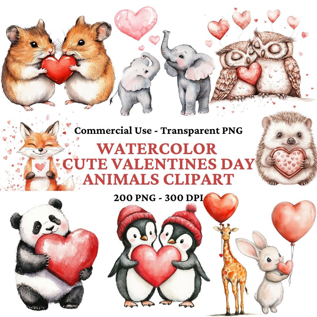 200 Valentines Day Clipart-watercolor Valentines Day Animals - Romantic ...