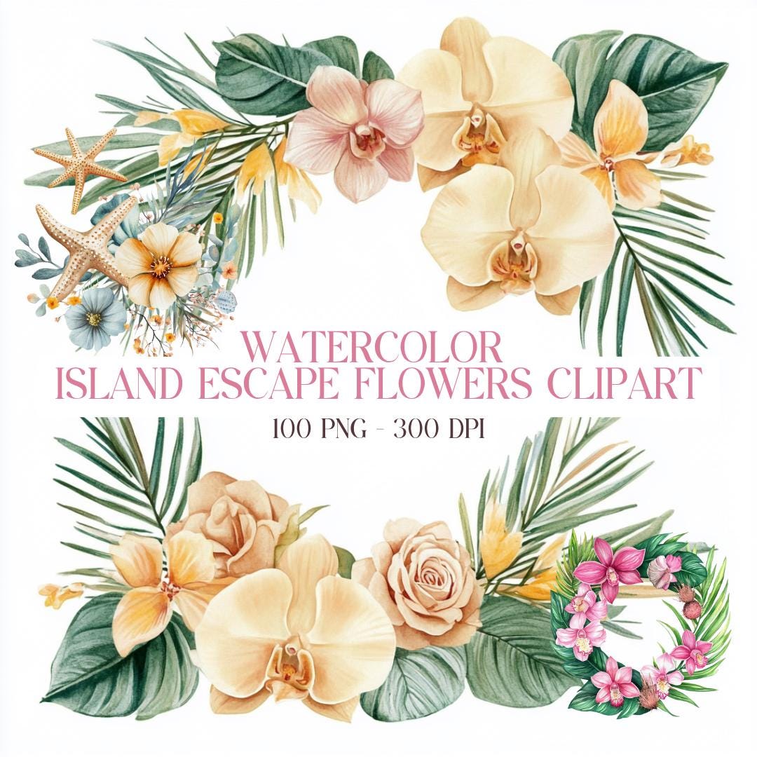 100 Island Escape Flowers Clipart Set, Tropical Watercolor Floral Pngs ...