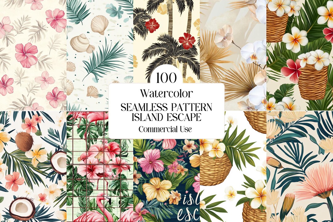 100 Island Escape Seamless Pattern Set, Tropical Watercolor Digital ...