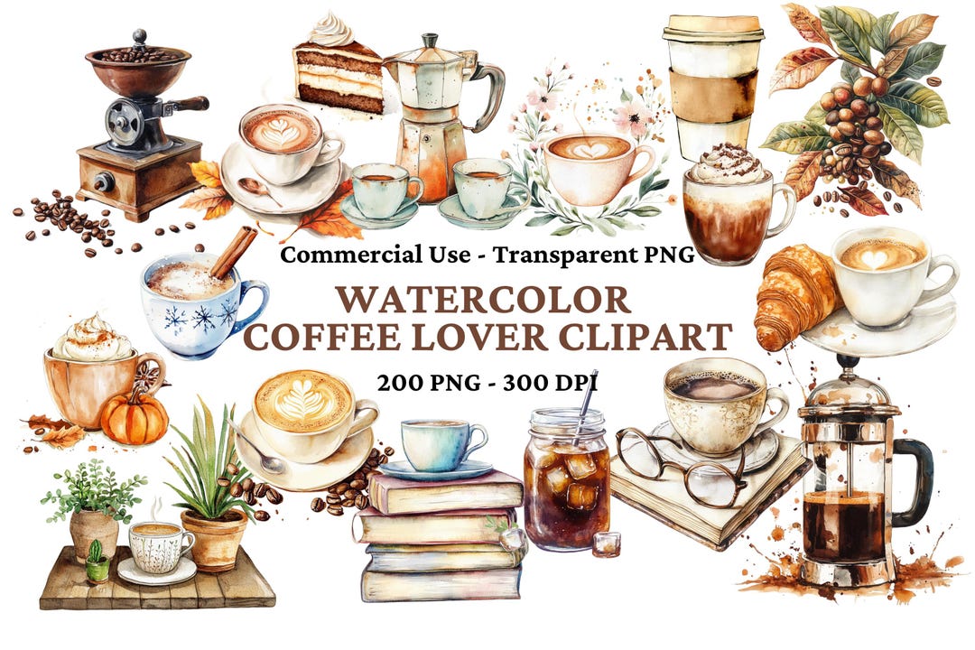 200 Watercolor Coffee Clipart - Elements for Cafe Clipart - Coffee ...