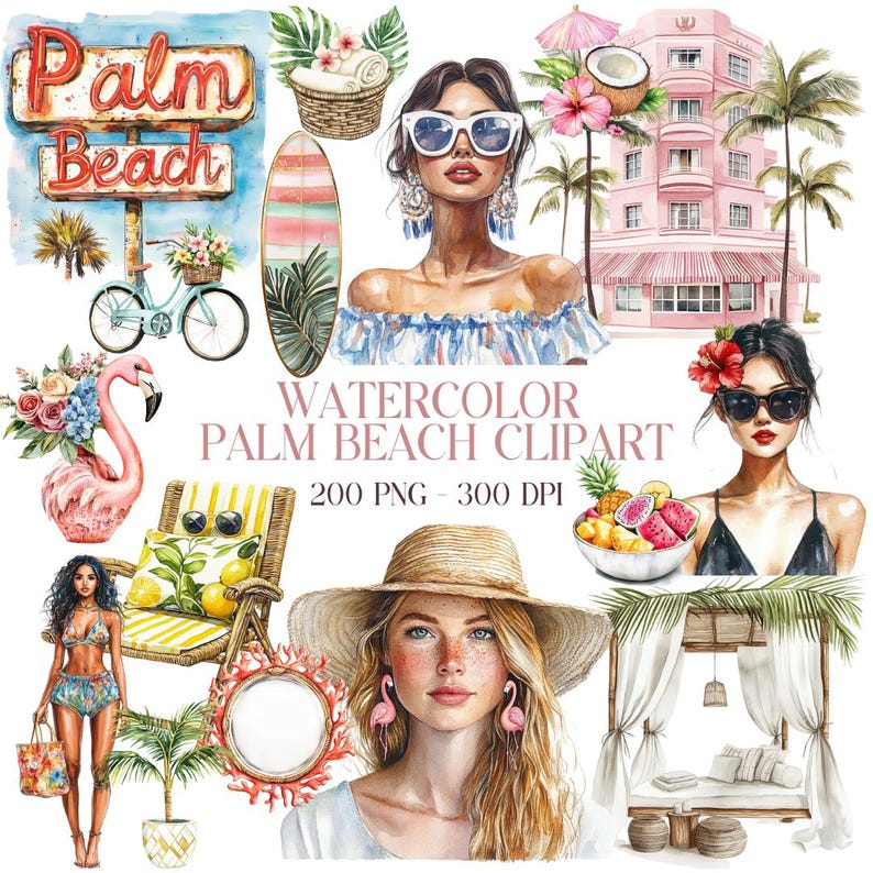 200 Palm Beach Watercolor Clipart Set, Tropical Watercolor PNG for ...