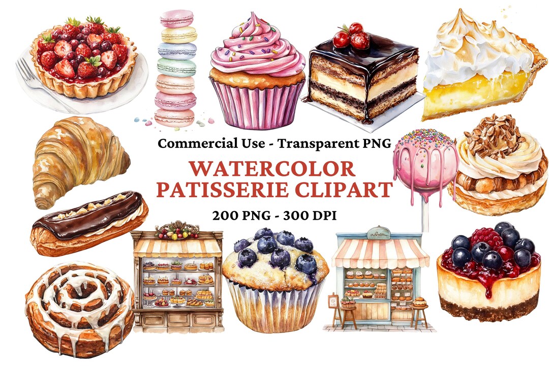 200 Watercolor Patisserie Clipart - Elements for Cafe Clipart - Menu ...