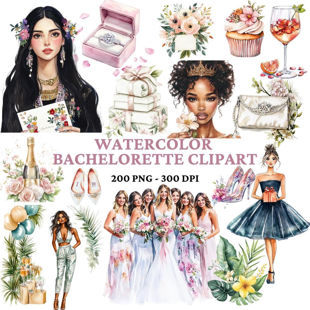200 Bachelorette Watercolor Clipart Bundle - Bridal Shower Pngs ...