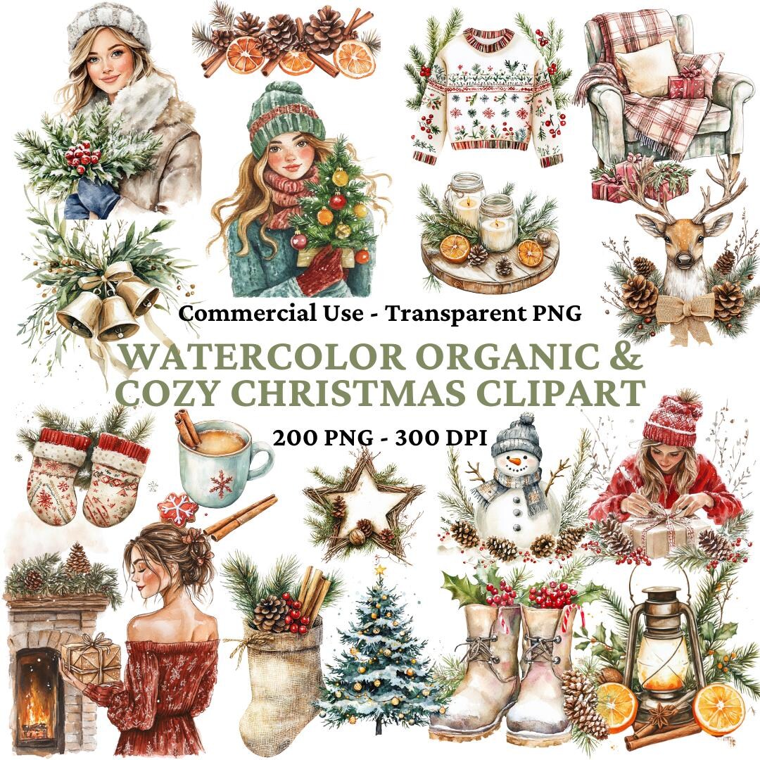 200 Organic & Cozy Xmas Clipart - Watercolor Christmas Clipart ...