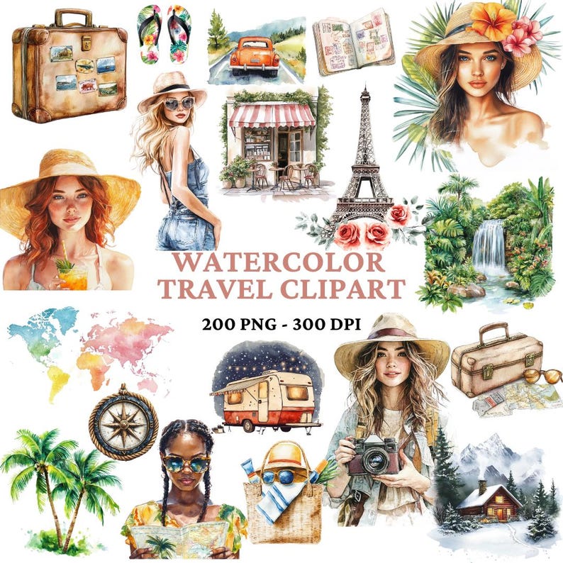 200 Travel Vacation Watercolor Clipart Set, Tropical Adventure Art ...