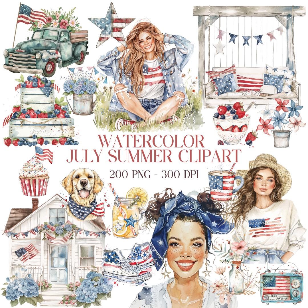 200 Watercolor July Summer Clip Art, Independence Day Clip Art, 4th of ...