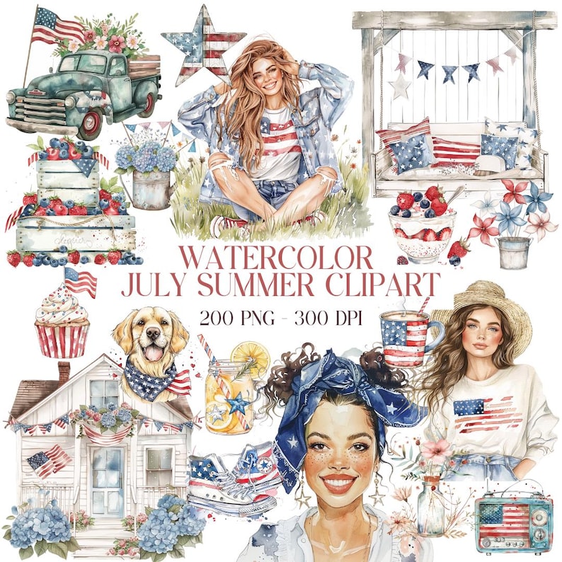 200 Watercolor July Summer Clip Art, Independence Day Clip Art, 4th of ...