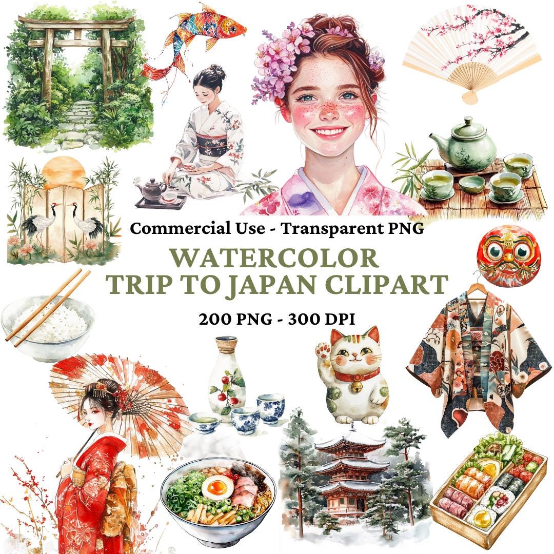 200 Japan Clipart - Tokyo Clipart - Ramen Clipart - Watercolor Geisha ...