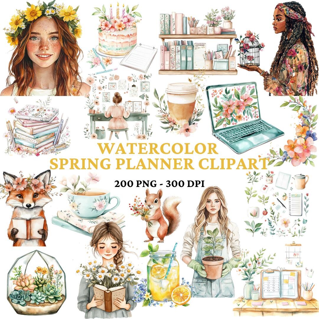 200 Spring Planner Watercolor Clipart Bundle - Cute Floral Digital ...