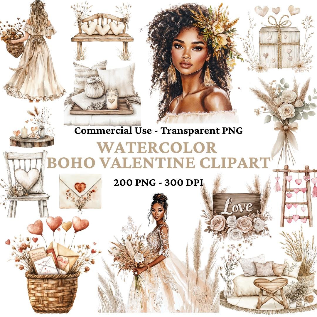 200 Watercolor Boho Valentine Clipart Bundle - Romantic Clip Art PNG ...
