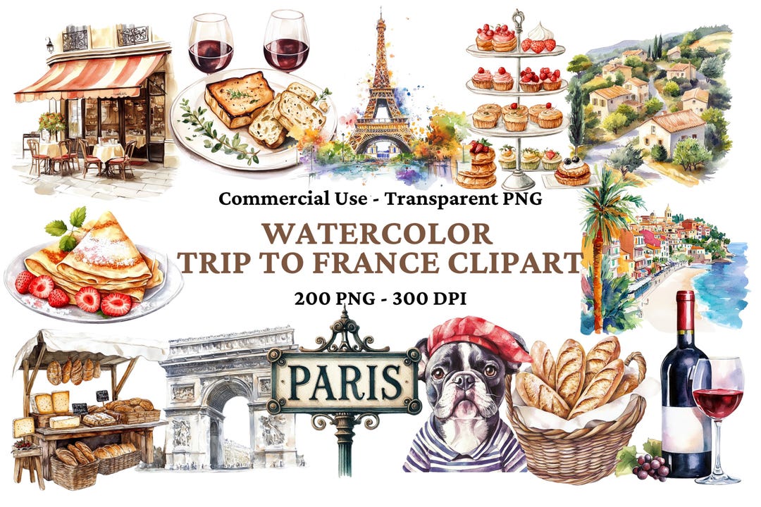 200 France Clipart - Paris Clipart - Eiffel Tower Clipart - Watercolor ...