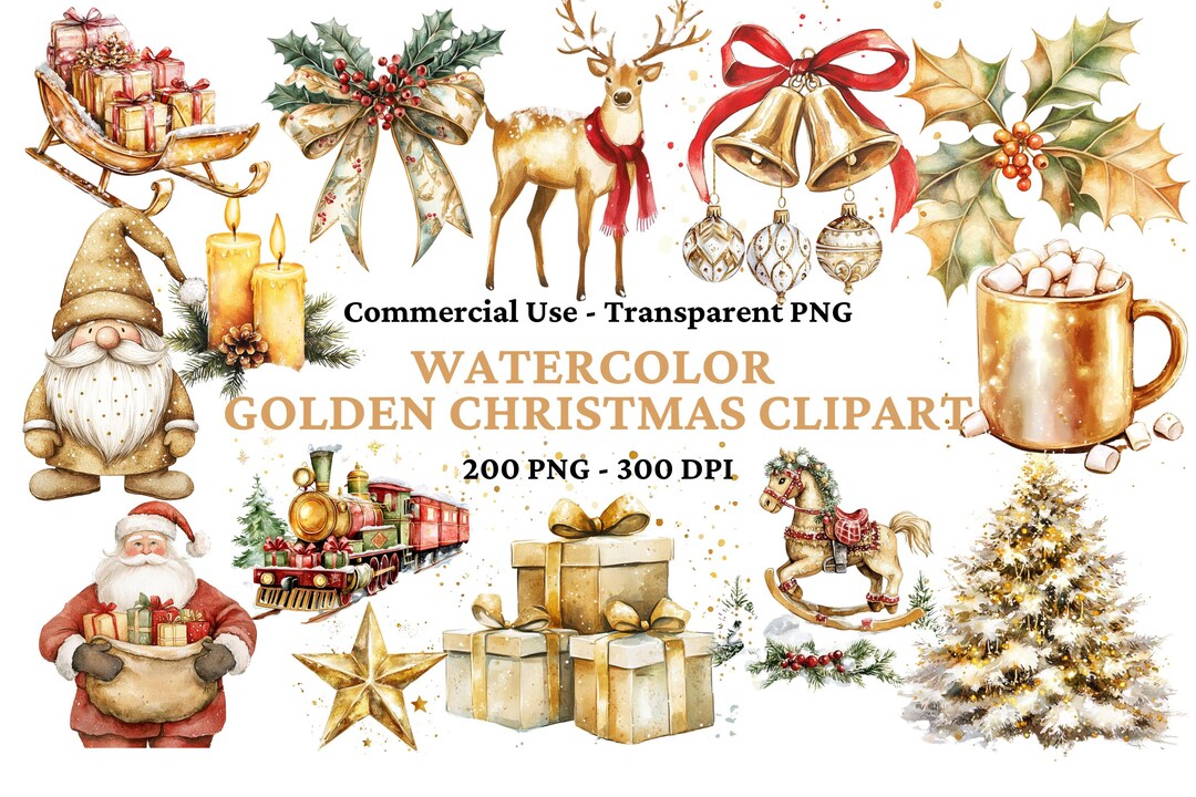 200 Watercolor Cozy Christmas Clipart - Gold Christmas - Elements for ...