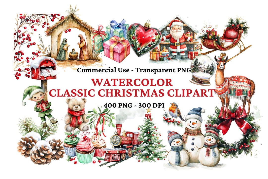 400 Santa's Village Watercolor Clipart Set - Classic Christmas Images ...