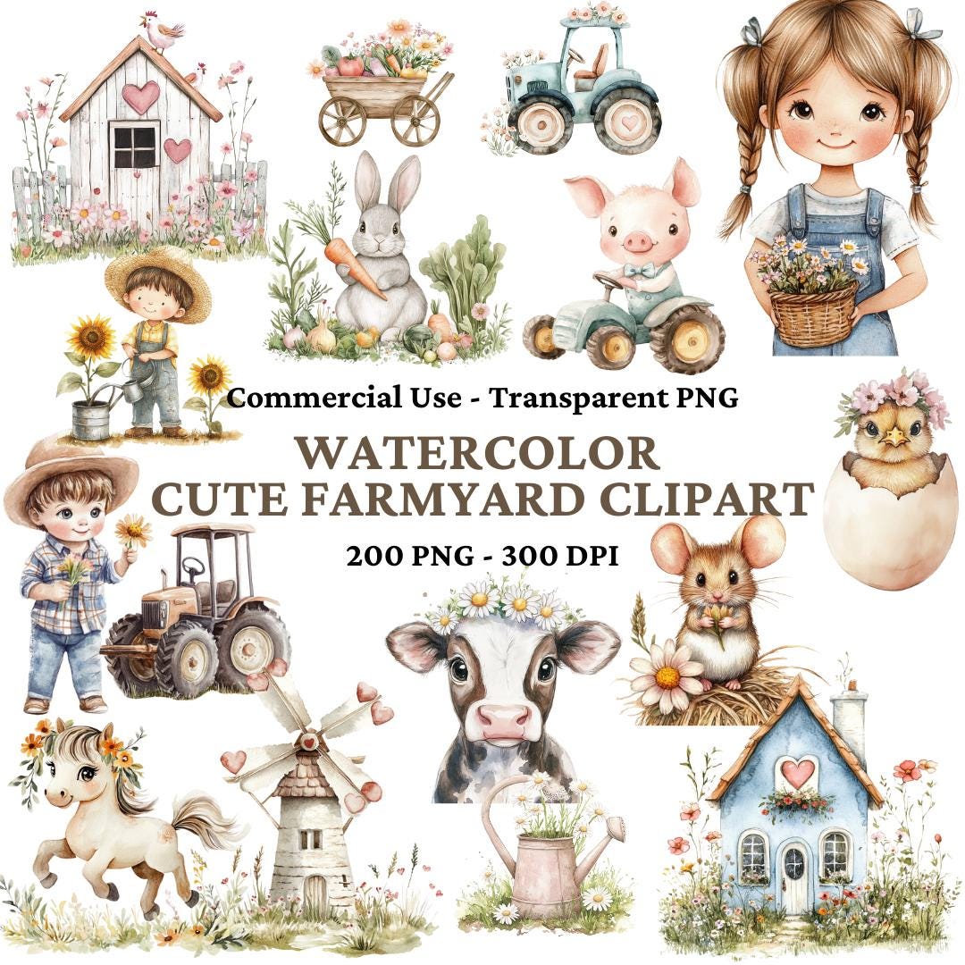 200 Cute Farmyard Clipart - Watercolor Clipart - Nursery Clipart - Baby ...