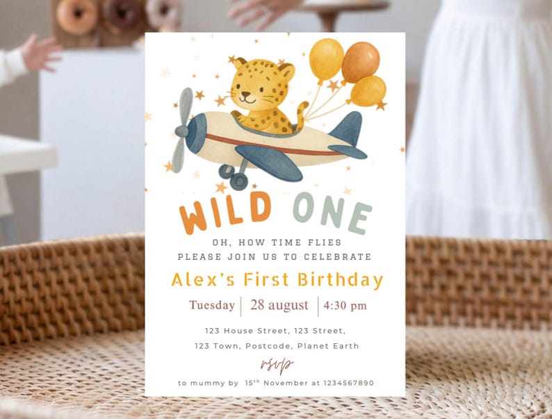 Wild One First Birthday Invitation: Time Flies Airplane Party Theme ...