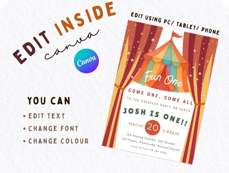 Fun One Circus Party Invitation: Printable First Birthday Digital ...