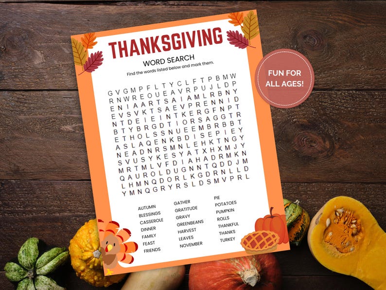 Thanksgiving Word Search Game: Printable Fall Activity (PDF) - Etsy