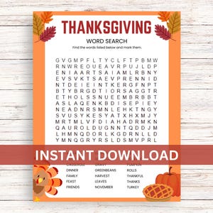 Thanksgiving Word Search Game: Printable Fall Activity (PDF) - Etsy