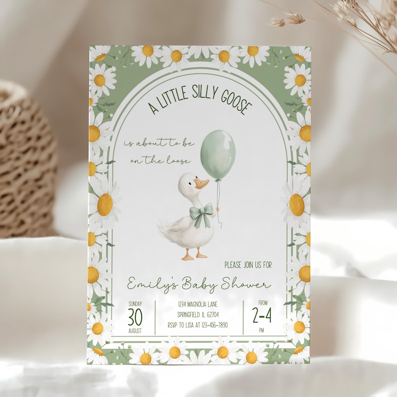 Silly Goose Baby Shower Invitation, Printable Sage Green Baby Shower ...