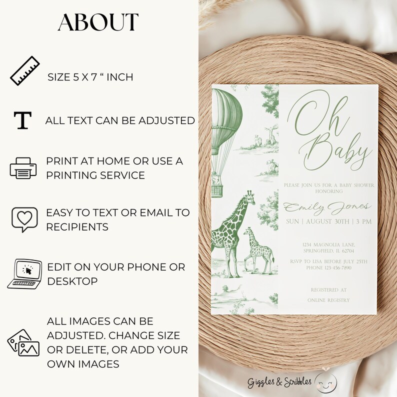 Toile Safari Baby Shower Invitation Sage Green, Safari Animal Baby Boy Shower Digital Invite ...