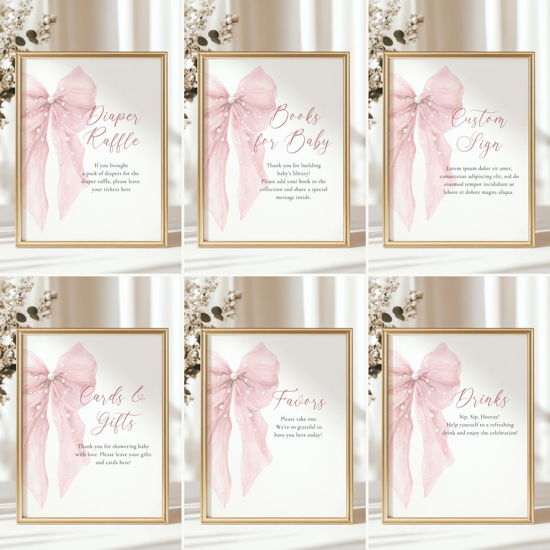 Pink Bow Baby Shower Sign Bundle - Bows and Pearls Baby Shower Table ...