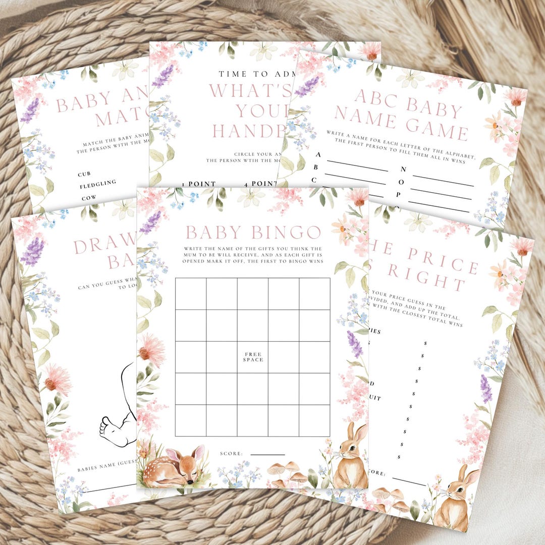 Floral Woodland Baby Shower Games Bundle - Editable Pink Forest Animal ...