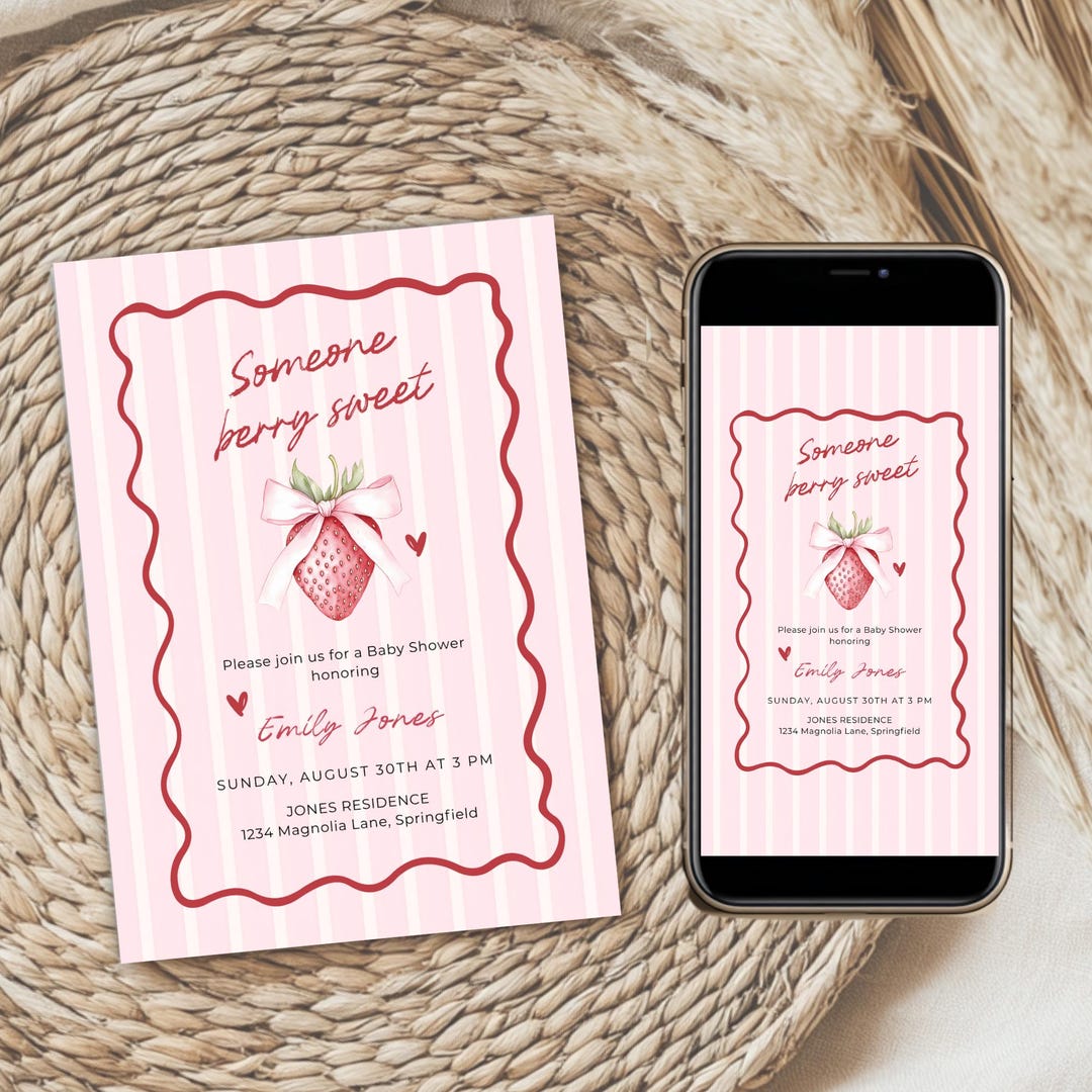 Strawberry Baby Shower Invitation - Editable Pink Baby Shower Invite ...