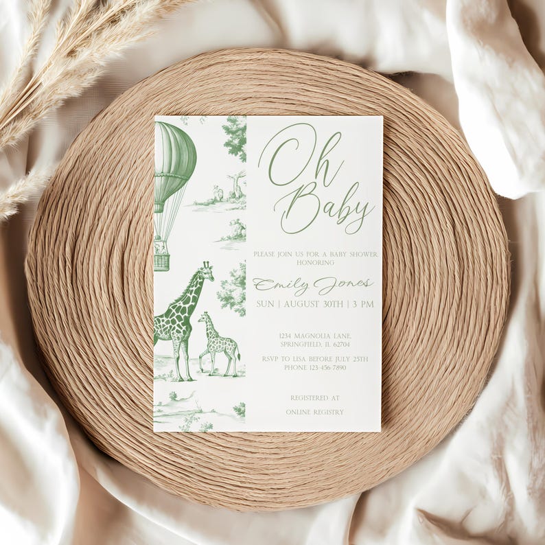 Toile Safari Baby Shower Invitation Sage Green, Safari Animal Baby Boy Shower Digital Invite ...