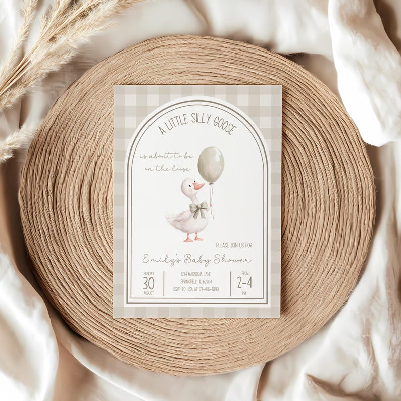 Beige Silly Goose Baby Shower Invitation, Printable Beige Baby Shower ...