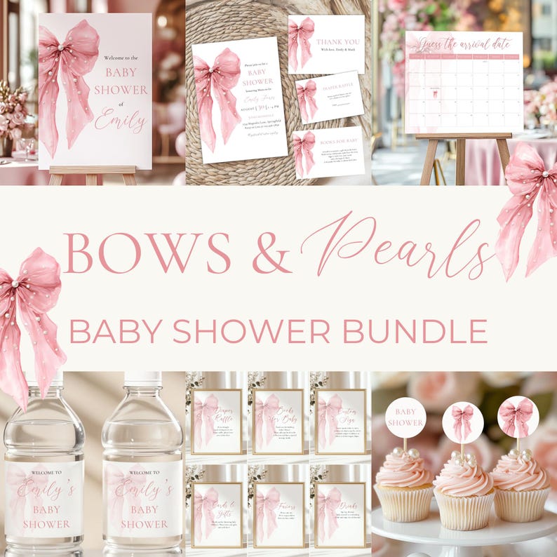 Pink Bow Baby Shower Bundle - Bows and Pearls Baby Shower Bundle ...