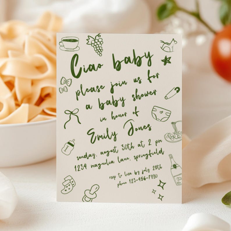 Ciao Baby Shower Invitation, Italian Hand Drawn Mediterranean Theme ...