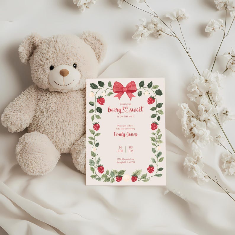 Strawberry Baby Shower Invitation, Someone Berry Sweet on the Way Floral Vintage Coquette Gender ...