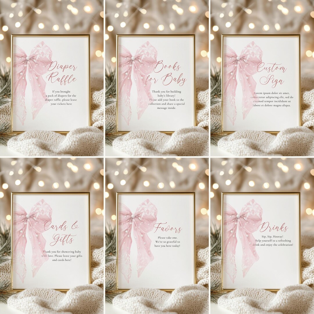 Pink Bow Winter Baby Shower Table Signs Bundle - Christmas Bows and ...