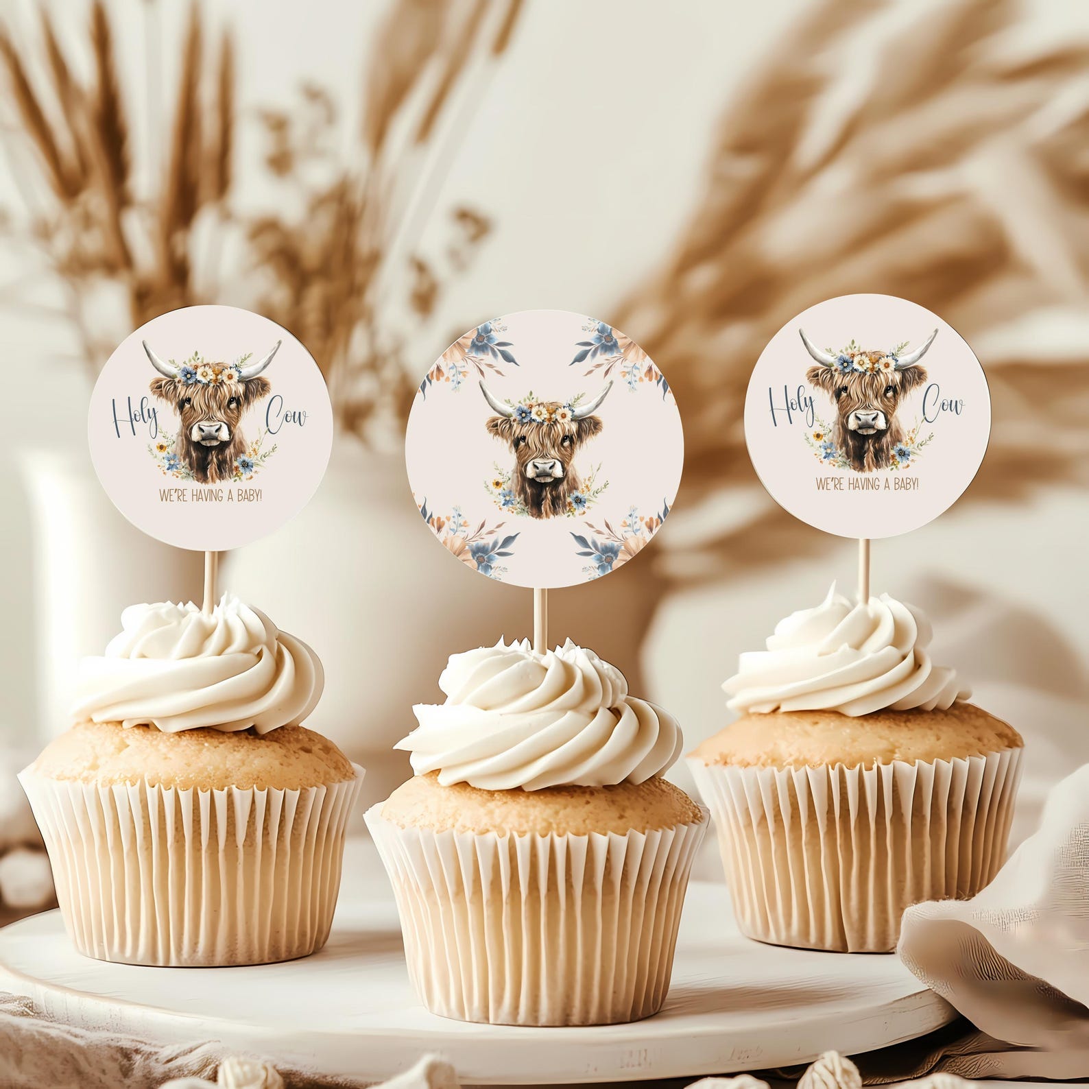 Holy Cow Baby Shower Cupcake Toppers, Printable Highland Cow Neutral ...