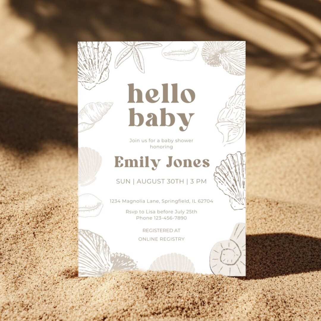 Beach Baby Shower Invitation Template, Editable Boho Coastal Sea Shell ...