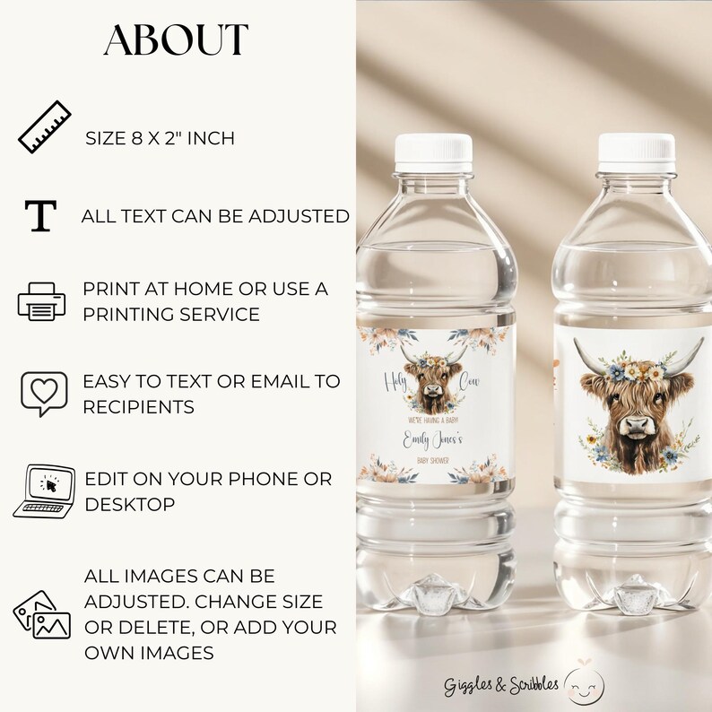 Holy Cow Baby Shower Water Bottle Labels, Editable Highland Cow Neutral ...