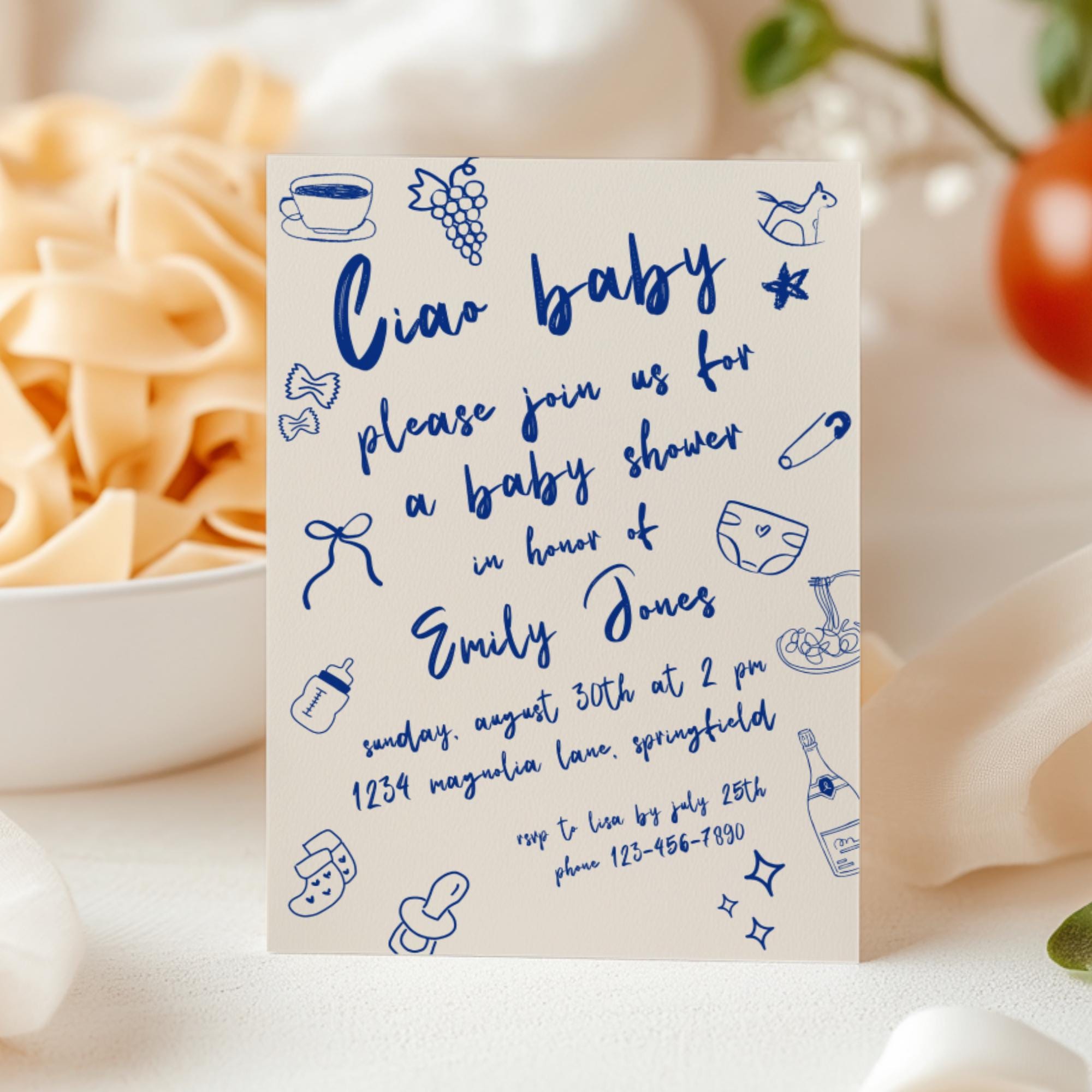 Ciao Baby Shower Invitation, Italian Hand Drawn Mediterranean Theme ...