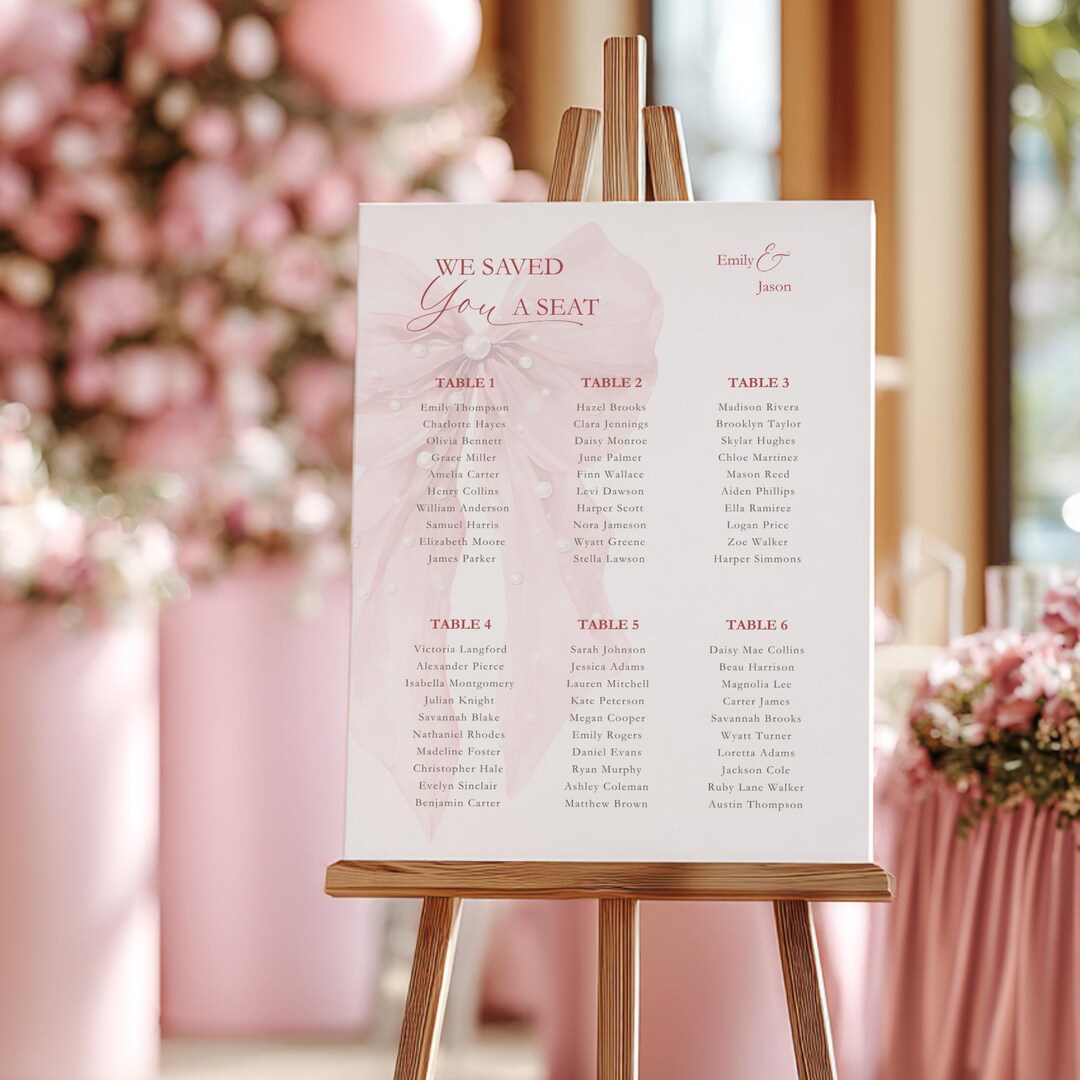 Pink Bow Seating Chart Template - Elegant Coquette Wedding Seating ...