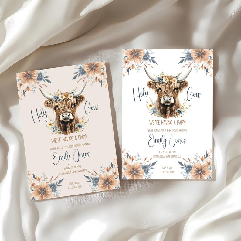 Holy Cow Baby Shower Invitation Bundle, Editable Highland Cow Invite ...