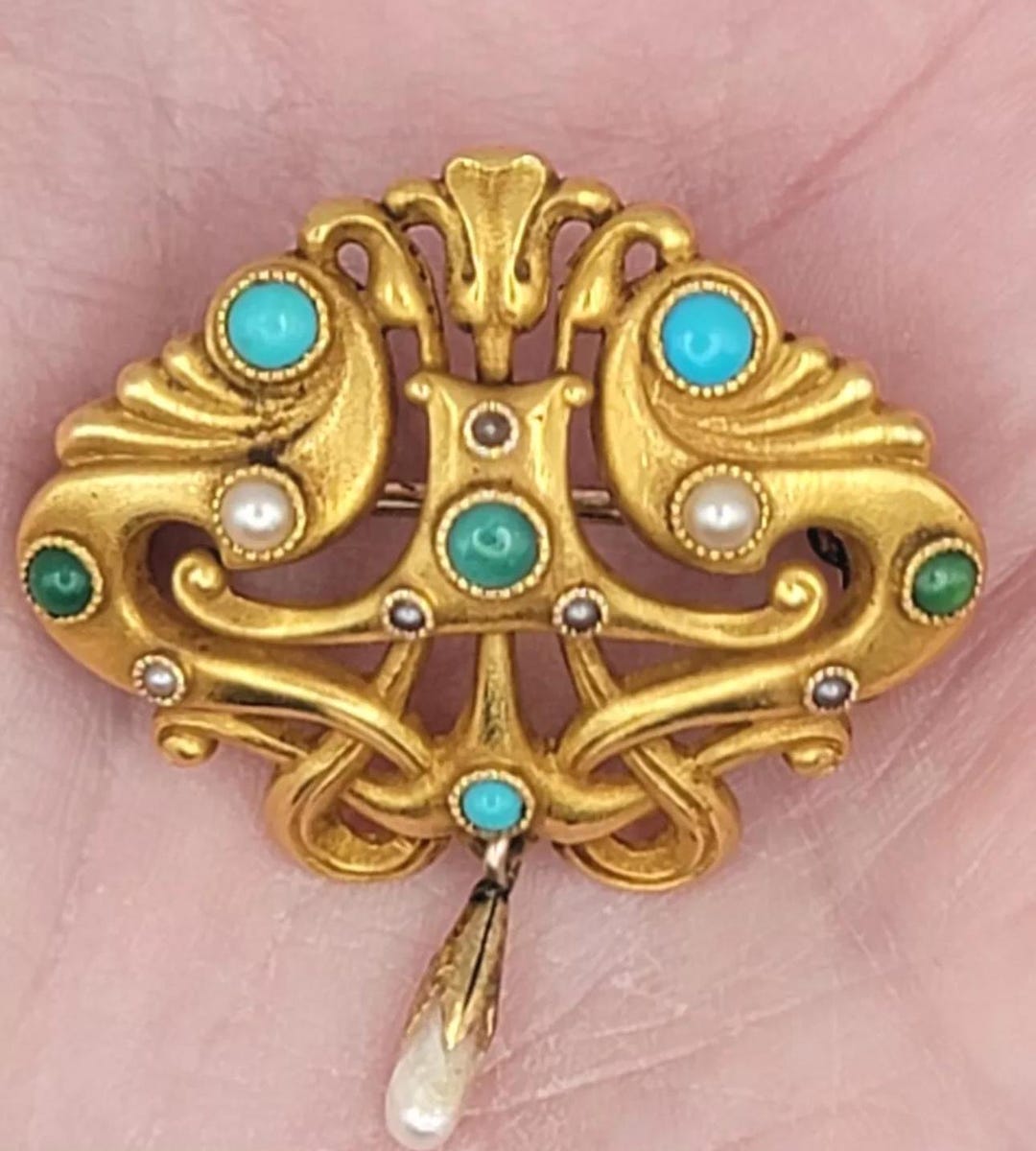 Antique Riker Bros. 14K Gold Brooch: Art Nouveau Pearl, Turquoise ...