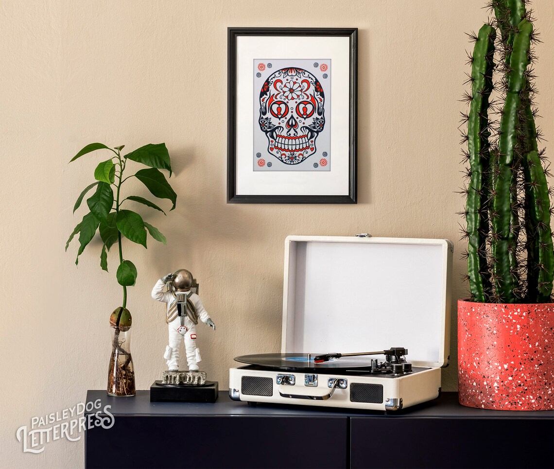 Letterpress ART PRINT Day of the Dead Skull / Tattoo / - Etsy