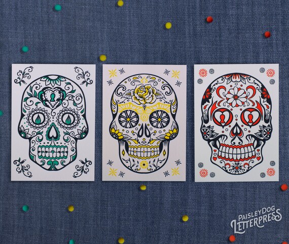 Letterpress ART PRINTS Day of the Dead Skulls / Tattoo / | Etsy