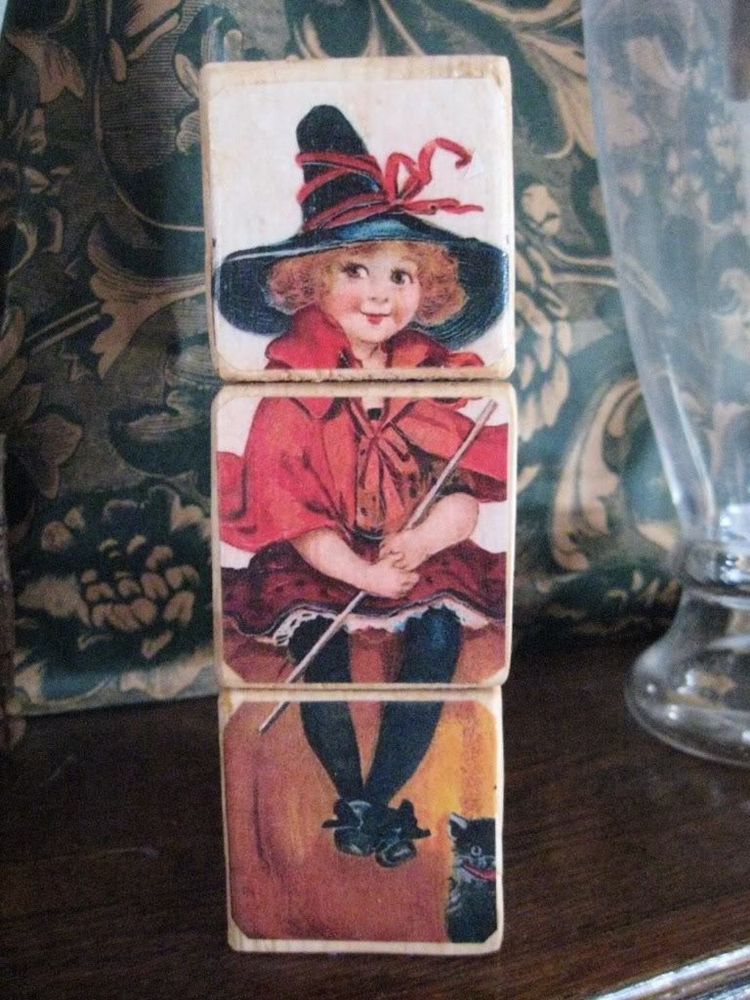 Victorian Halloween Wooden Shelf Puzzle Blocks Vintage Witch Sitting on ...